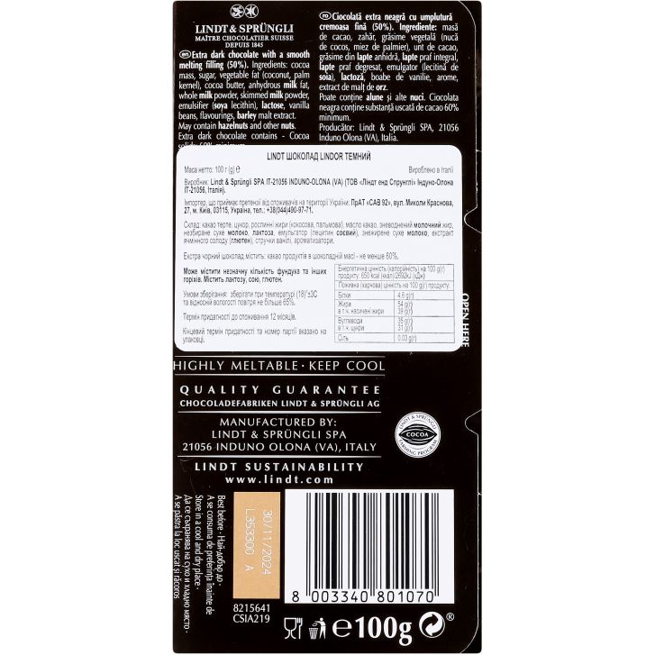 Шоколад темний Lindt Lindor 60% 100 г купити у Києві, Україні | MAUDAU: ціна, відгуки ...