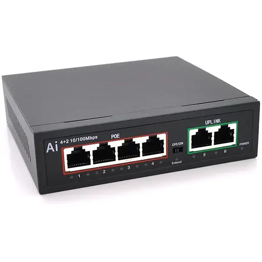 POE комутатор Merlion 4 POE 10/100 + 2 RJ45 10/100 вбудований блок живлення 52V 1.05A купити у ...